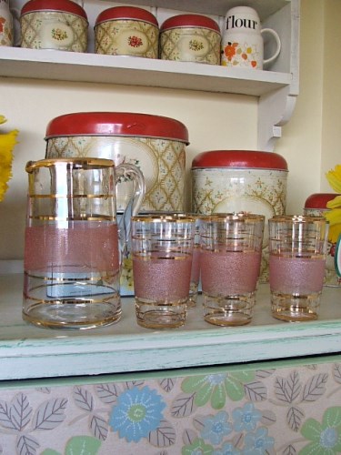Vintage 1950s Frosted Glass Water Jug And Glasses