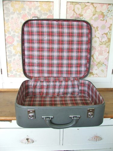 Vintage Grey Suitcase with tartan inner